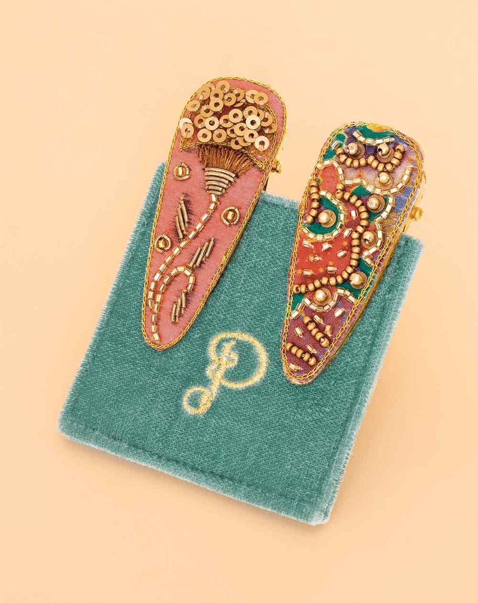 Powder - Floral Stem/60s Abstract Jewelled Hair Clips - Coral – Lilac Rose