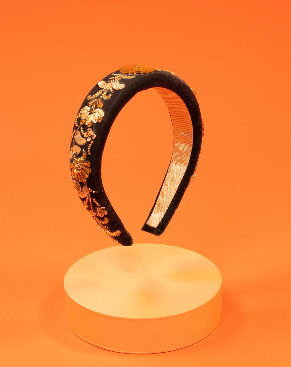 Powder Velvet Beaded Padded Headband - Charcoal – Lilac Rose